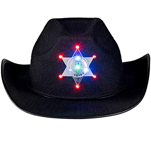 Black Sheriff Hat for Kids Boys and Girls - Light Up Cowboy Hat with Sheriff Blinking Badge and Draw String for Dress-Up and Play Costume Parties