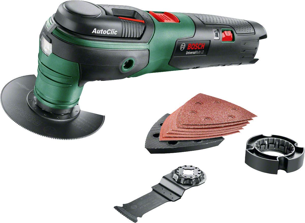 Bosch Home and Garden Cordless Multifunction Tool UniversalMulti 12 (without battery, 12 Volt System, nine-piece accessories set, in carton packaging)