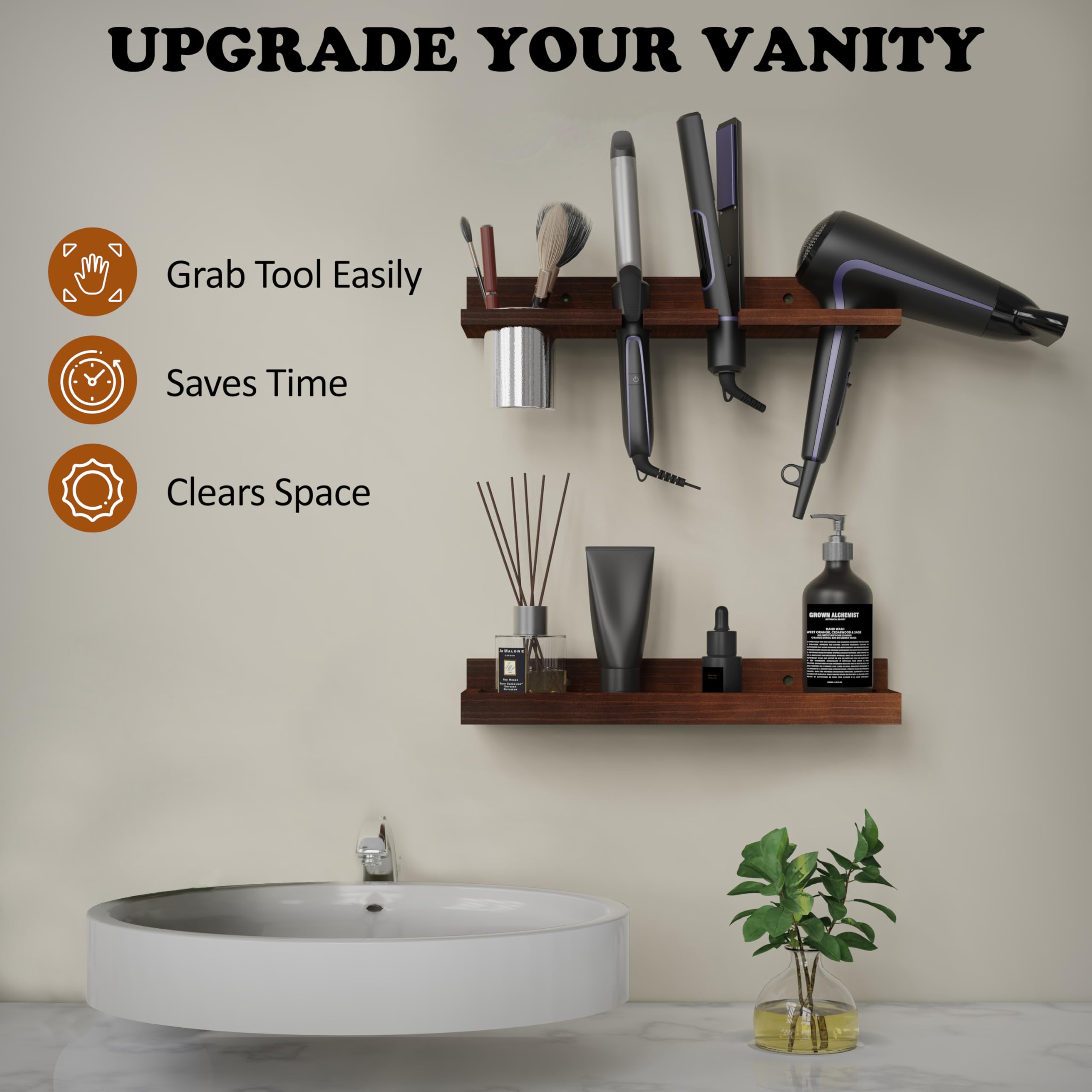 Wooden Hair Tool Organizer Wall Mounted - 17"x5" 2PC Set - Blow Dryer Holder & Hair Storage Organizer - Perfect for Heat Tools, Curling Iron or Hair Dryer Storage - Mounting Hardware Included
