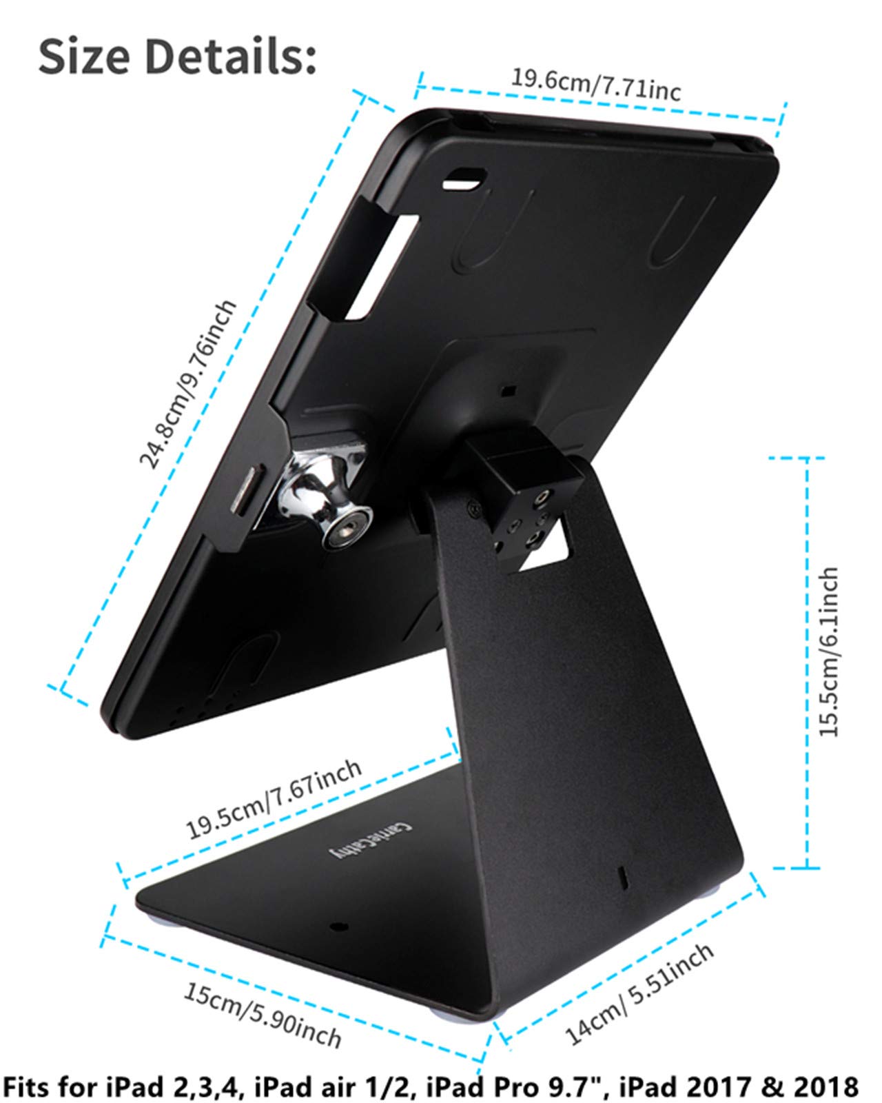 CarrieCathy Desktop Anti-Theft Security Kiosk POS Stand Holder Enclosure with Lock & Key, Compatible with iPad 2,3,4, iPad air, iPad air 2, iPad Pro 9.7", iPad 2017 & 2018, Flip & Rotate Design, Black