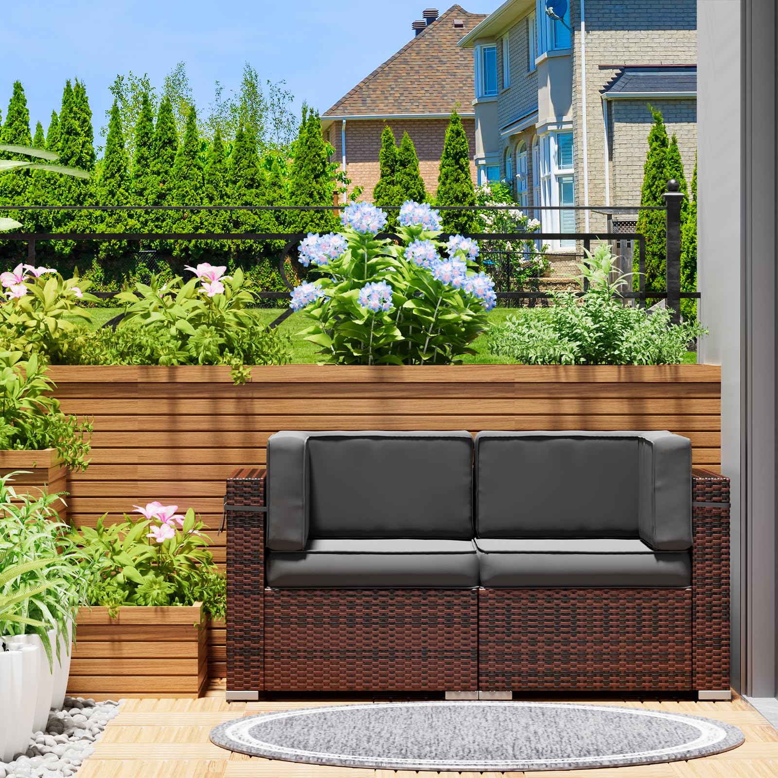 Amopatio Outdoor Patio Couch, Rattan Patio Furniture Set with Non-slip Cushion, 2 Pieces Outdoor Armrest High Back Sectional Sofas Suitable for Terrace, Poolside, Garden, Gery