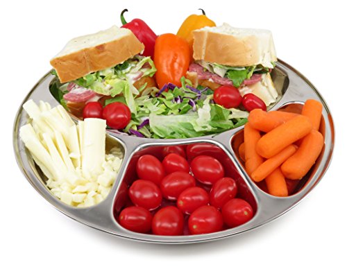Lifestyle Block Stainless Steel Divided Plate: 4 Section Mirrored Round Plate for use as Plate or Platter