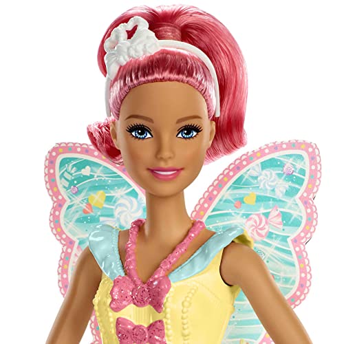 Barbie Dreamtopia Fairy Doll, Approx 12-Inch, with A Colorful Candy Theme, Pink Hair and Wings, for 3 to 7 Year Olds