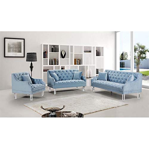 Meridian Furniture Roxy Collection Modern | Contemporary Velvet Upholstered Loveseat Sofa with Luxurious Deep Tufting, Nailhead Trim and Acrylic Legs, Sky blue