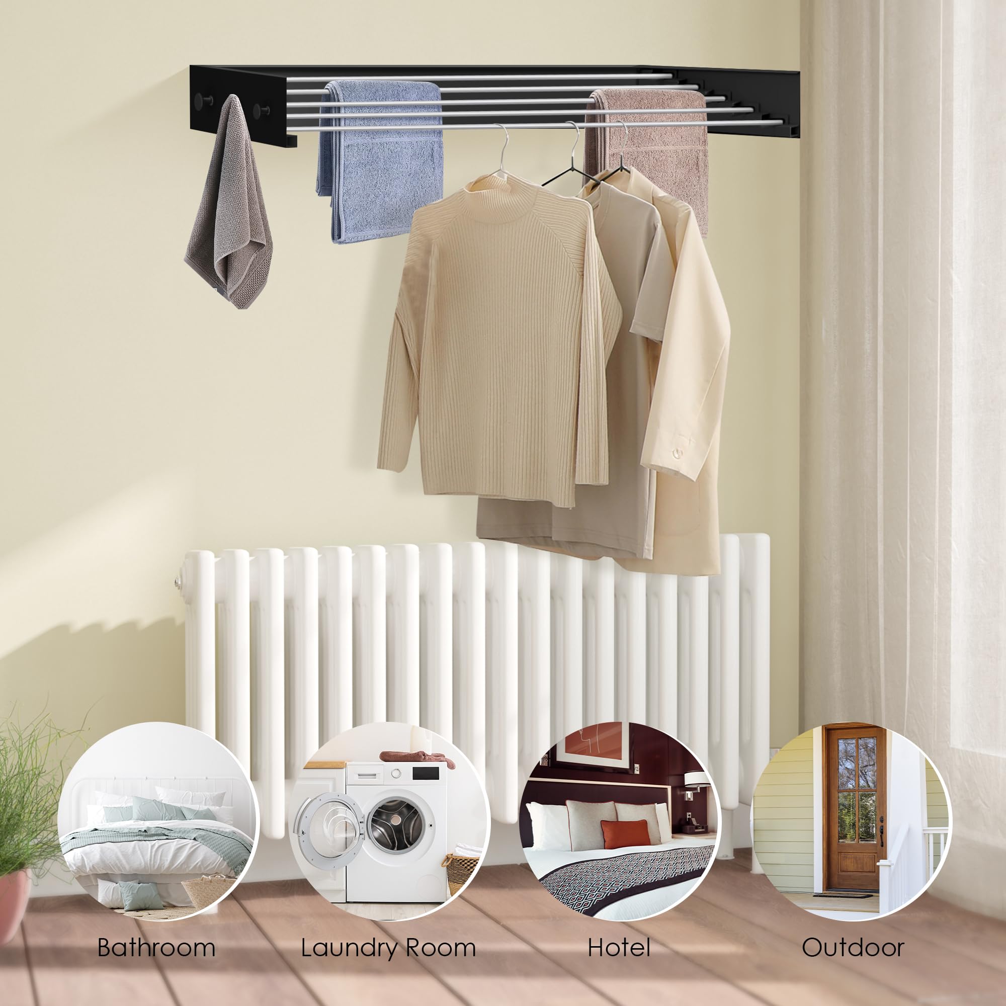 Qidordour Wall Mounted Clothes Drying Rack, Collapsible Laundry Rack with 6 Towel Hooks, Foldable Clothes Airer, 39.4 Inch 5-Rod Retractable Washing Line for Indoor Outdoor, Drying Space Saver, Black