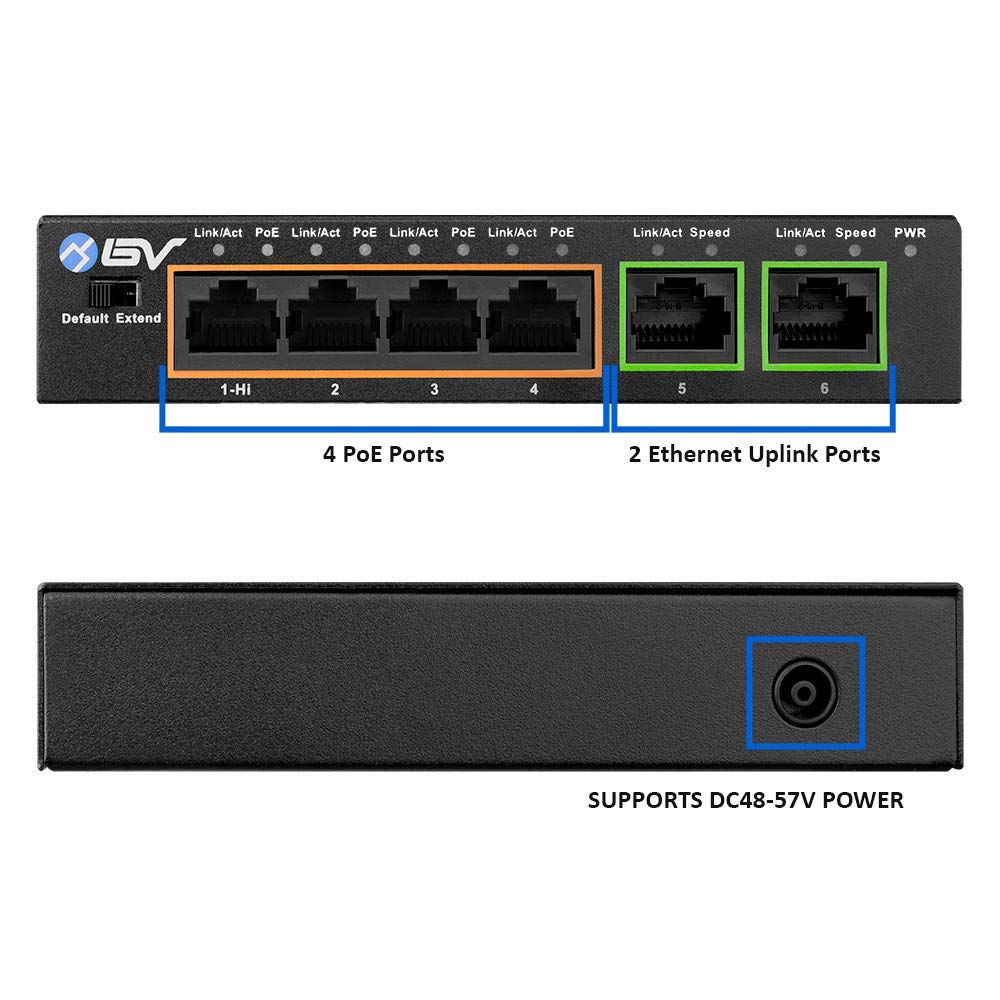 BV-Tech 6 Port PoE+ Switch (4 PoE+ Ports with 2 Ethernet Uplink and Extend Function) – 60W – 802.3at + 1 High Power PoE Port| Desktop Fanless Design | Plug & Play | Sturdy Metal Housing