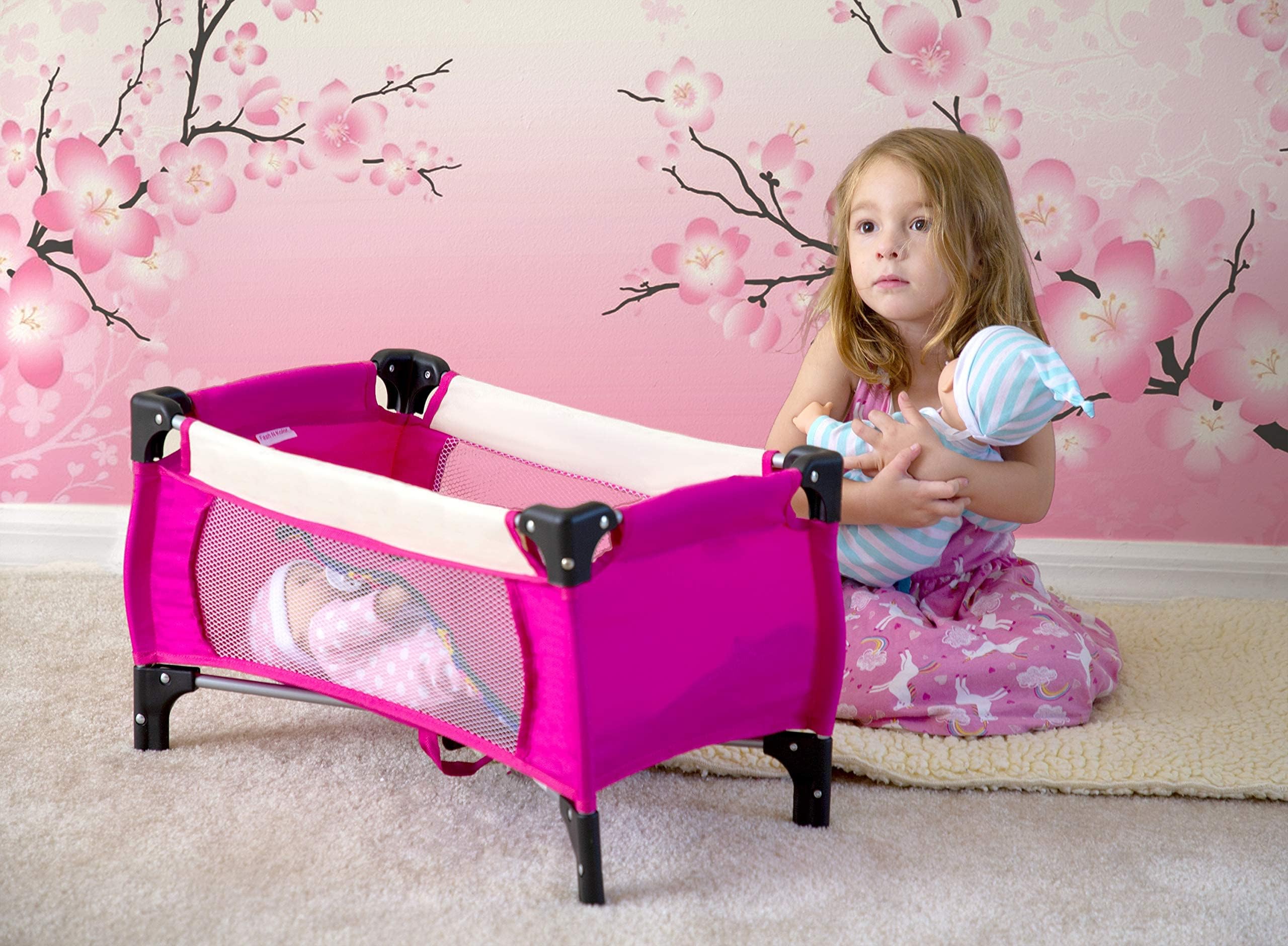 fash n kolor Doll Pack N Play Crib Fits up to 18" Dolls Blanket and Carry Bag Included (Hot Pink)