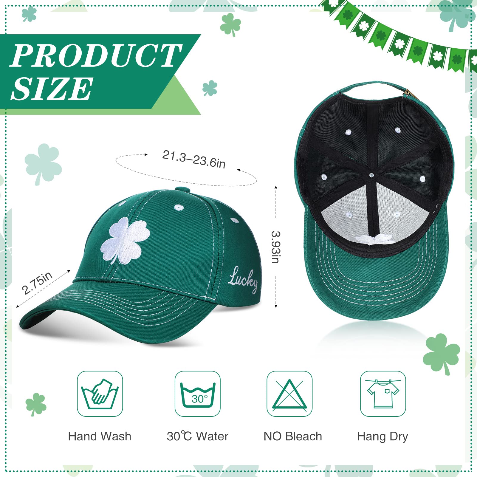 4 Pcs St. Patrick's Day Baseball Hat Shamrock Baseball Cap Irish Hat Clover Embroidered Hat Irish Gifts for Men Women (White)