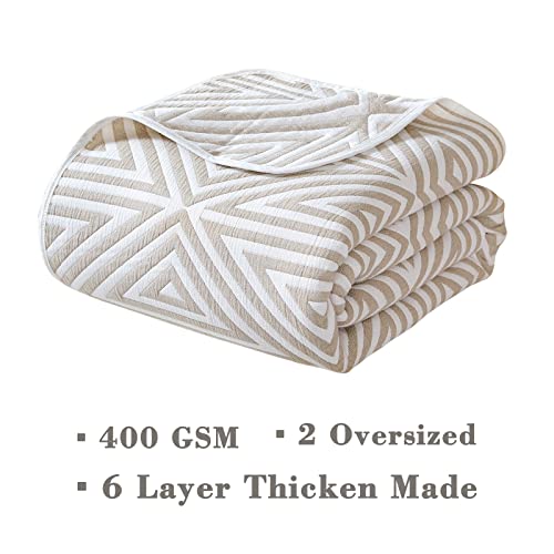EMME Cotton Queen Blanket for Bed - Queen Quilt 6 Layer Soft Thicken 400GSM Triangle 90"x 90", Cotton Comforter for Dorm Bed All Seasons (Light Tan,Queen)