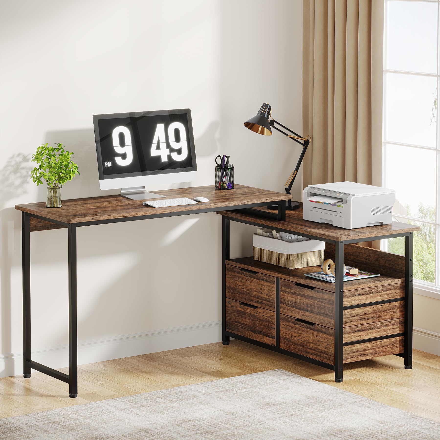 Tribesigns Reversible L-Shaped Desk with Drawers, Corner Home Office Desk with Storage Shelves, Industrial Writing Workstation Table for Home Office, Small Space (Rustic Brown)