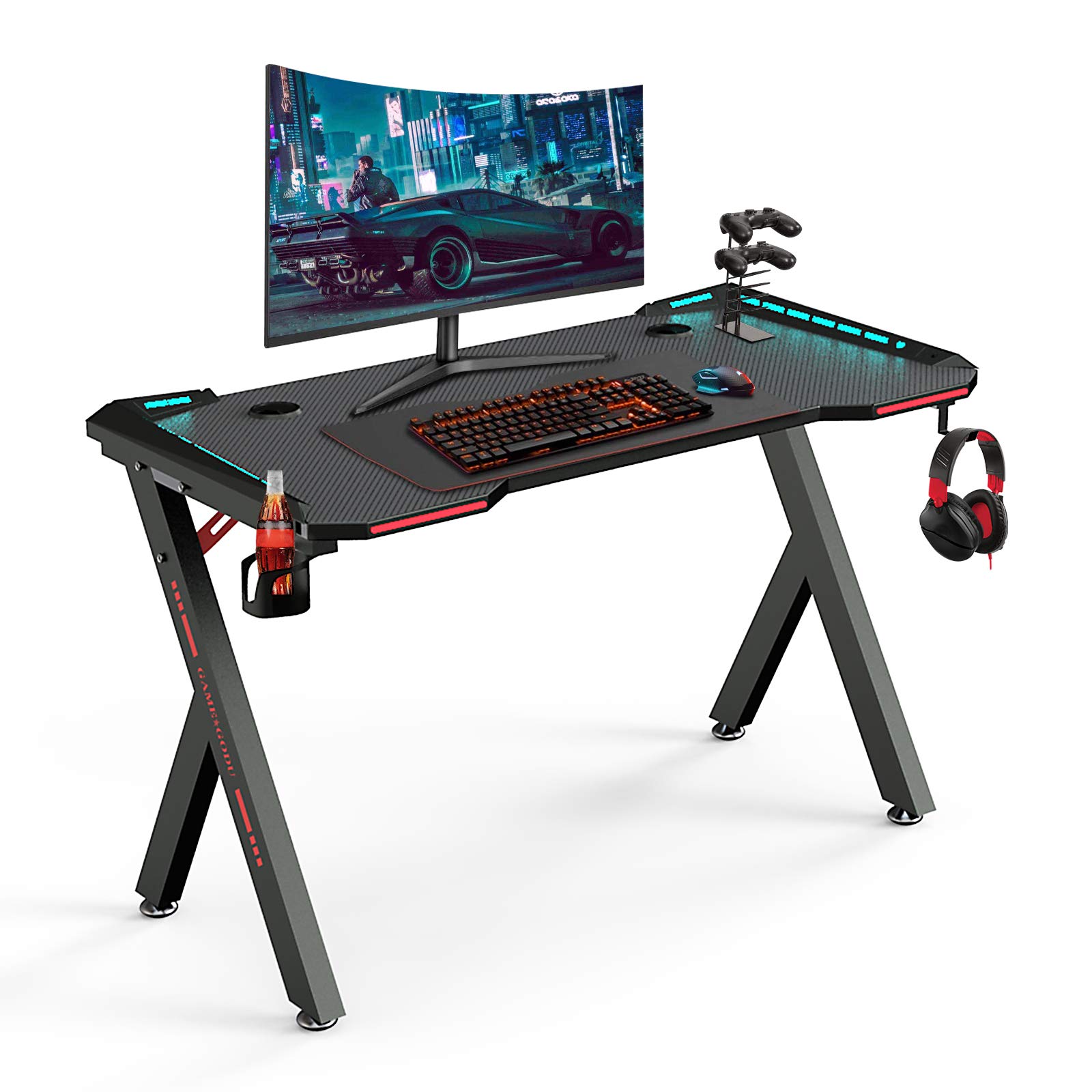 47 Inch Gaming Desk, Gaming Table PC Computer Workstation with LED RGB Lights, Headphone Hook and Cup Holder for Home, Black
