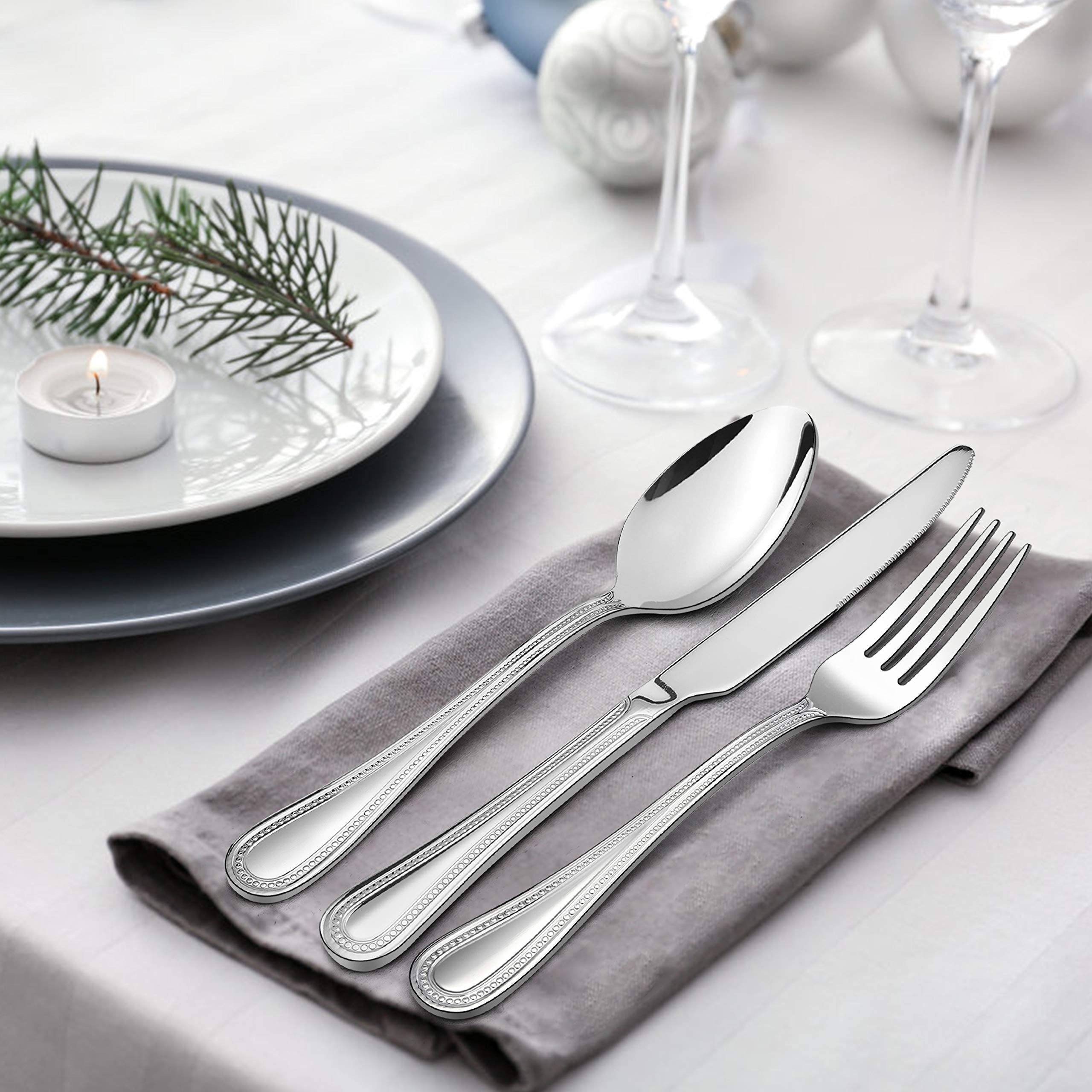 65-Piece Silverware Set with Serving Utensils, HaWare Stainless Steel Flatware Service for 12, Pearled Edge Tableware Cutlery for Home Restaurant Party, Mirror Polished, Dishwasher Safe