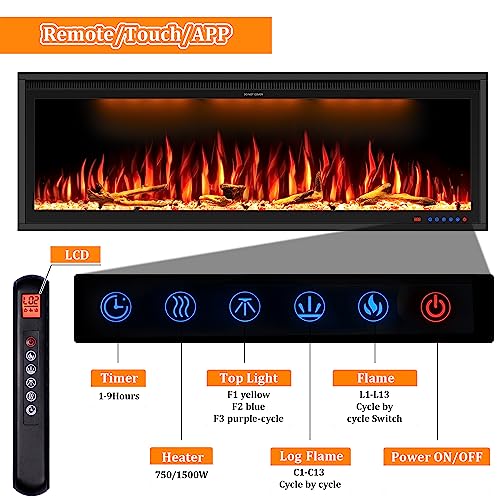 Benrocks 74'' Slim Electric Fireplace Inserts - WiFi-Enabled, Alexa & App Control, Recessed & Wall Mounted, 13 * 13 * 3 Flame Color Combinations, 750W/1500W, Black