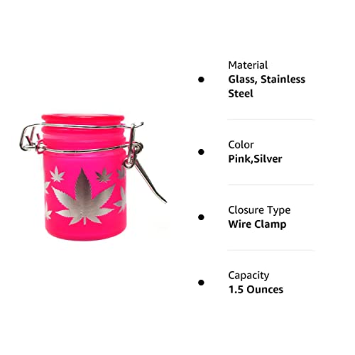 Airtight Glass Herb Mini Storage Jar with Clamping Lid in Choice of Design (Frosted Neon Pink/Silver Leaves)