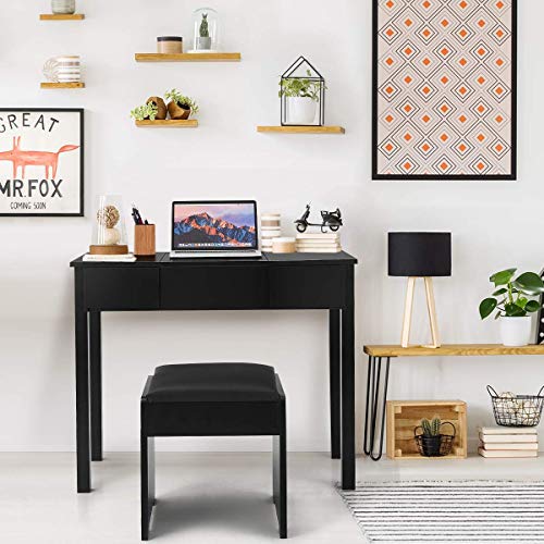 Vanity Table with Flip Top Mirror, Solid Wood Makeup Dressing Table , Writing Desk with Cushioned Stool Set, 2 Drawers for Different Sized Makeup Accessories, Bedroom Bathroom Organizers (Black)