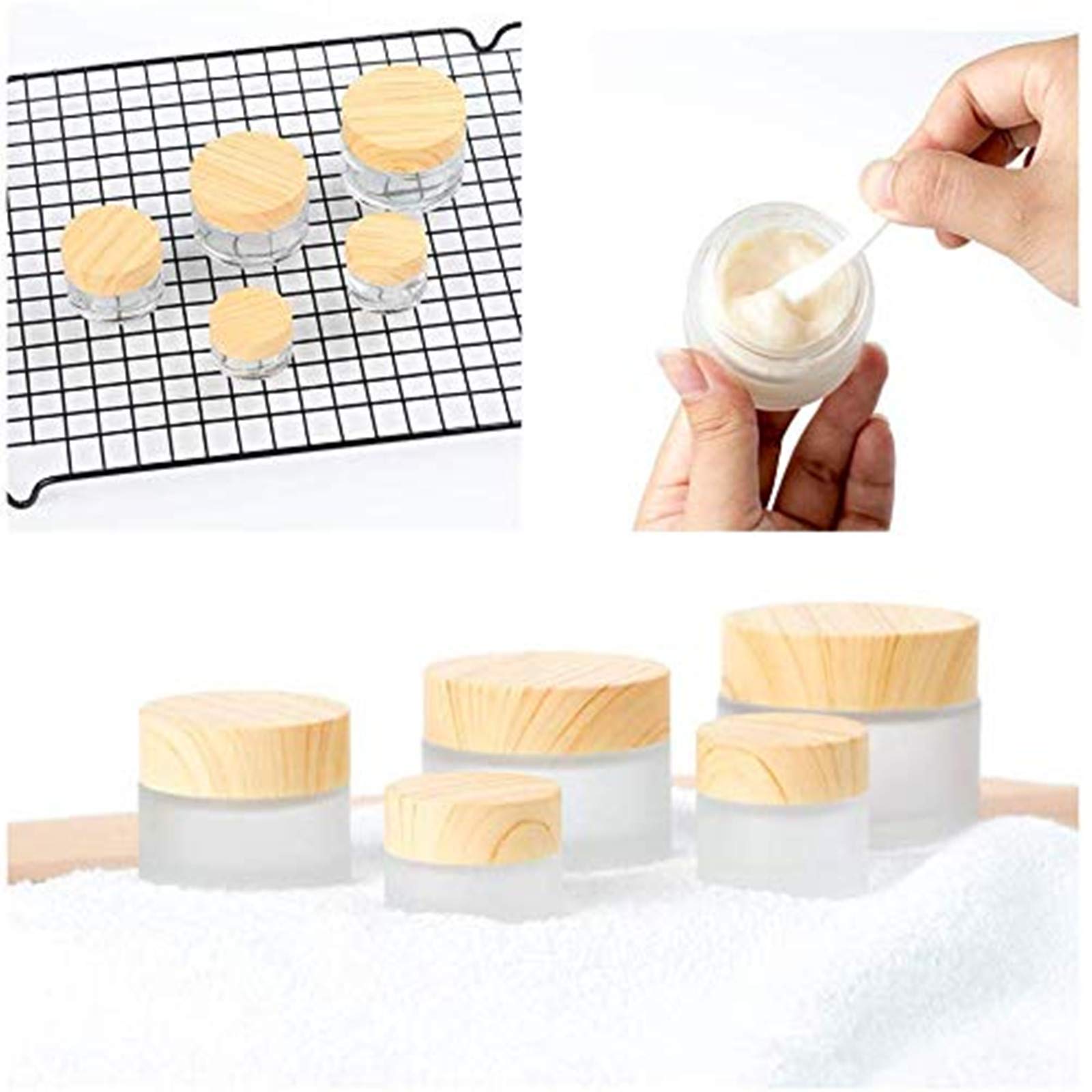 Healthcom 10 Pack 10 Grams/10 ML Empty Jars Round Frosted Glass Cosmetic Cream Jar Bottle with Wood Grain Lid Cosmetic Containers Refillable Glass Face Cream Box Pot for Makeup Lip Balms Eyeshadow