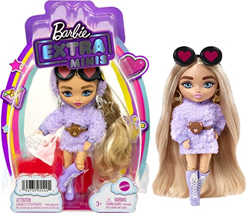 Barbie Extra Minis Doll #4 (5.5 in) Wearing Fluffy Purple Fashion, with Doll Stand & Accessories Including Teddy Ears and Sunglasses, Gift for Kids 3 Years Old & Up