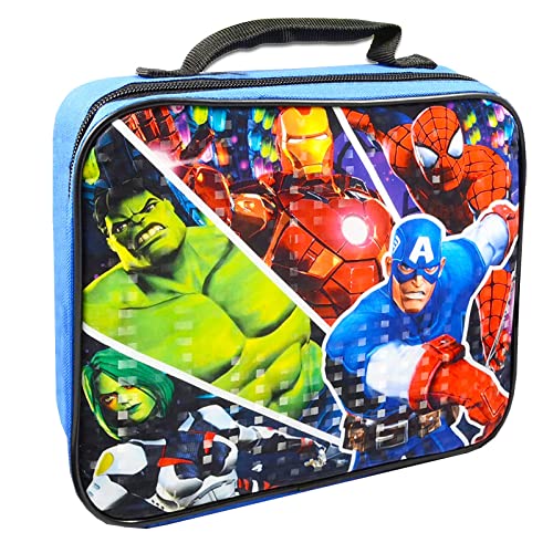 Avengers Backpack with Lunch Box Set - Bundle with 15" Avengers Backpack, Marvel Lunch Bag, Stickers, Bracelets, More | Avengers Backpack for Boys