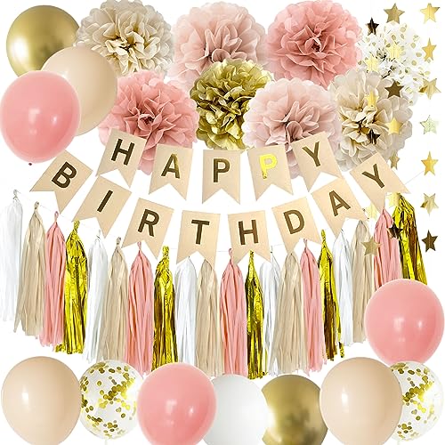 ANSOMO Retro Pink Happy Birthday Party Decorations Dusty Rose Gold Nude Blush Apricot Tan Kraft Paper Banner Balloons Rustic Boho Décor Supplies Women Girls Baby Tassel Garland