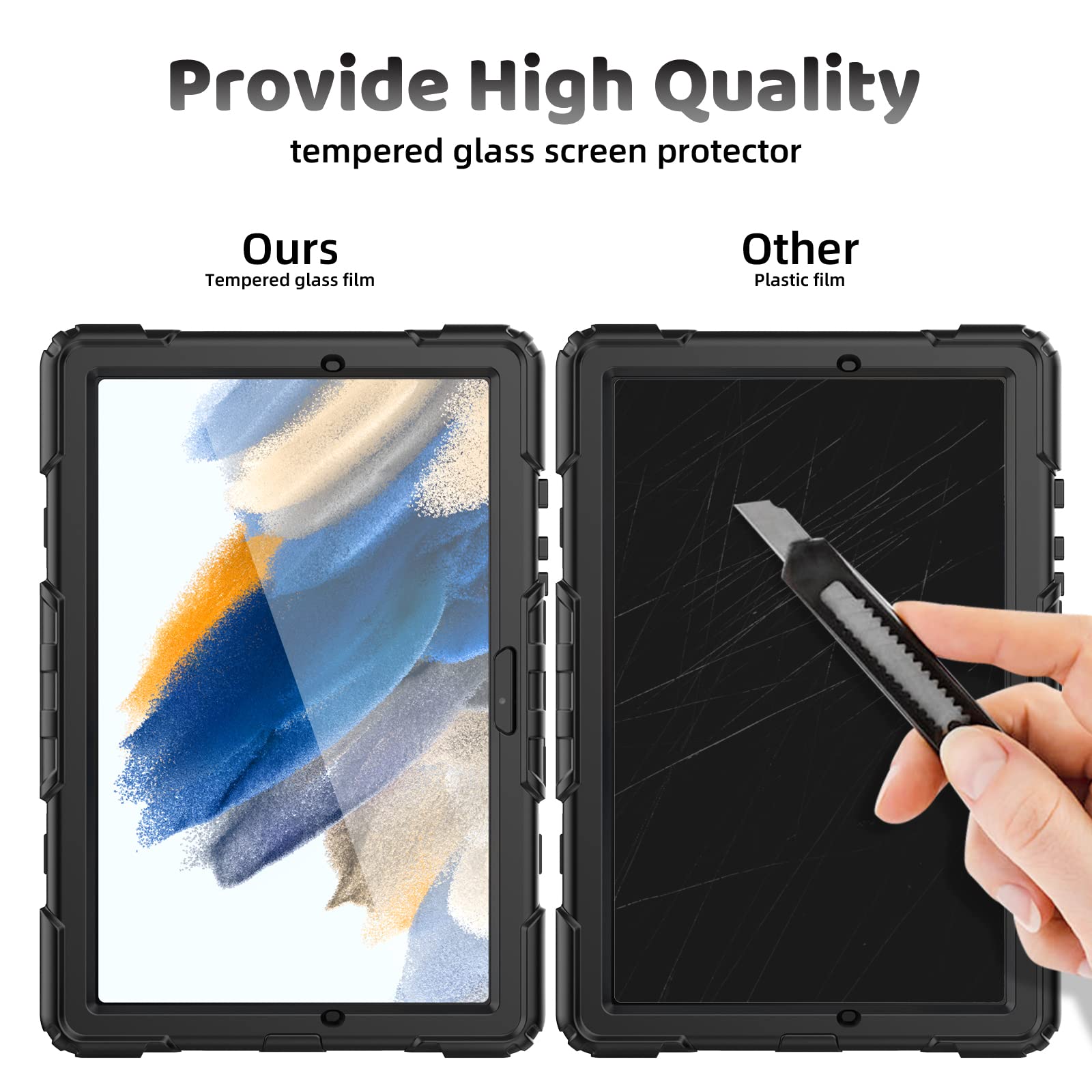 BLOSOMEET Case for Samsung Galaxy Tab A8 10.5 Inch 2022 SM-X200/X205/X207 with [Tempered Glass Screen Protector],Case for Galaxy Tab A8 w/S Pen Holder Stand Hand Strap &Shoulder Strap,Black