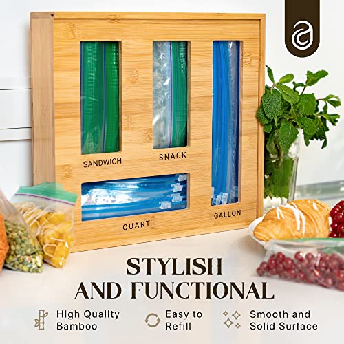 ABIOTO Bag Storage Organizer for Kitchen Drawers – Bamboo Ziplock Bags Organizer Compatible with Gallon, Quart, Sandwich, and Snack Variety Sized Ziploc Plastic Baggies (4-in-1 Organizer)