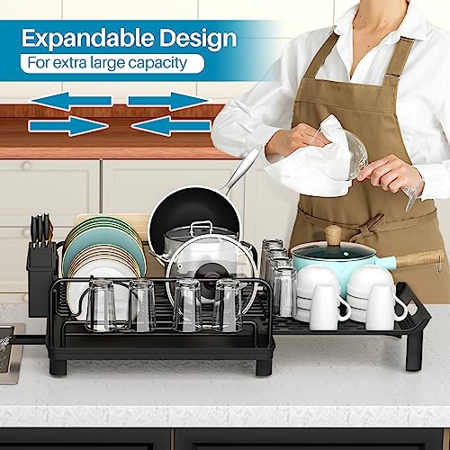 caktraie Dish Drying Rack - Expandable Dish Rack for Kitchen Counter, Rust-Proof Kitchen Dish Drying Rack with Utensil Holder, Cups Holder, Black