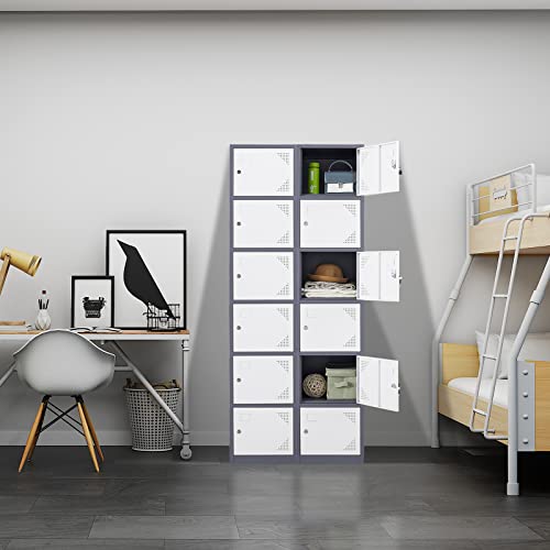 Metal Lockers for Employees - 71" Storage Locker Cabinet Large Employee Lockers with 6 Doors - 6 Tier Steel Lockers for Kids Bedroom, Gym, School, Office, Garage (6 Doors, White Grey)