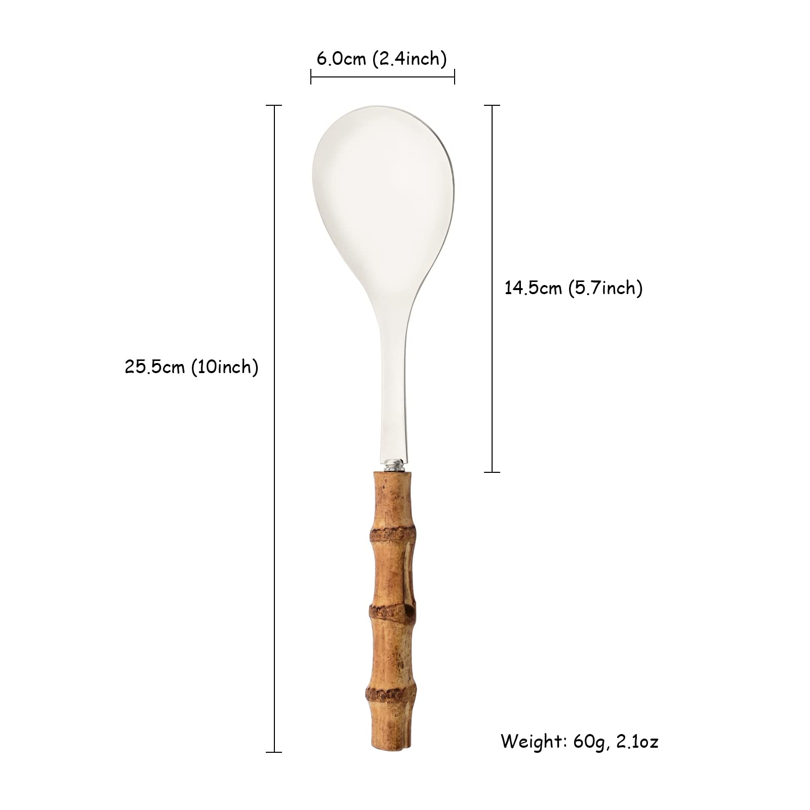 Natural Bamboo Handle Serving Spoons Set of 6, Large Size Stainless Steel Dinner Buffet Catering Banquet Serving Spoons, 10.0" Silver Big Ladle Tablespoons for Home, Family Serving Utensils