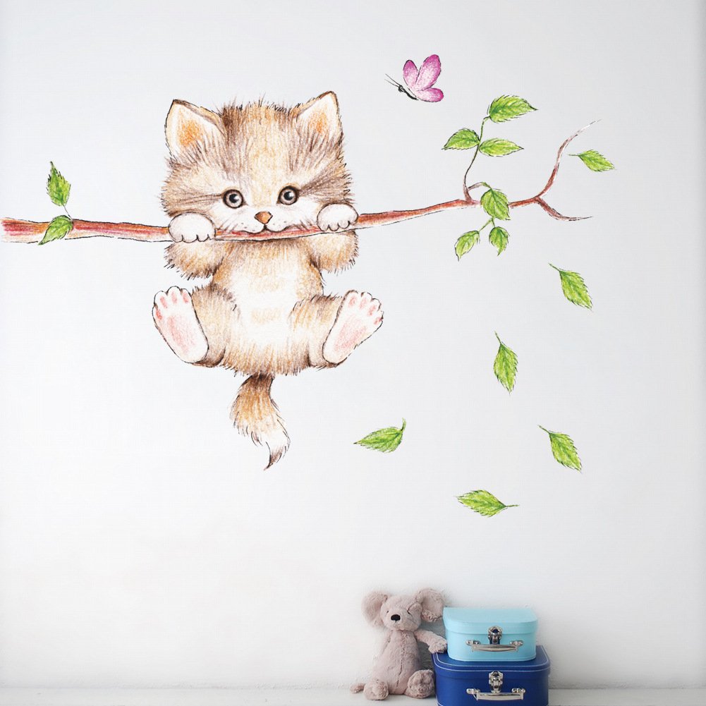 Cartoon Cute Cat On The Tree Branches Wall Decals Removable Kitty Wall Stickers Decor Girls Bedroom Decal Kids Nursery Sticker Bathroom Wall Art Decoration Kitty Decals Cats Wall Sticker