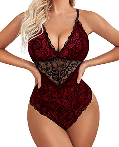 Avidlove Lingerie Bodysuit for Women Floral Lace Teddy One Piece Babydoll Mini Babydoll (Red,L)