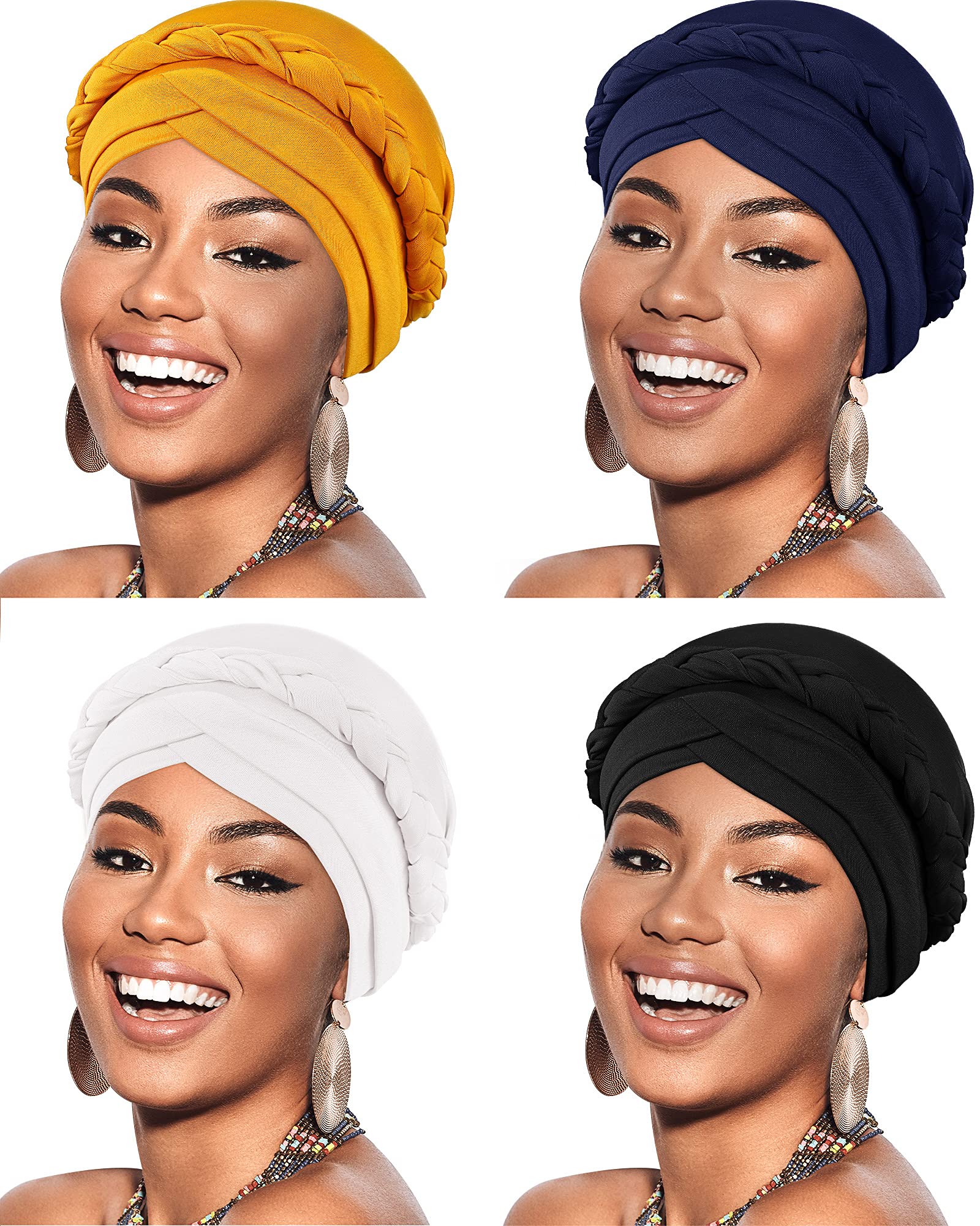 4 Pieces African Women Turban Cap Head Wraps Beaded Headscarf Beanie Wrap (Black, White, Navy, Ginger,Fresh Style)