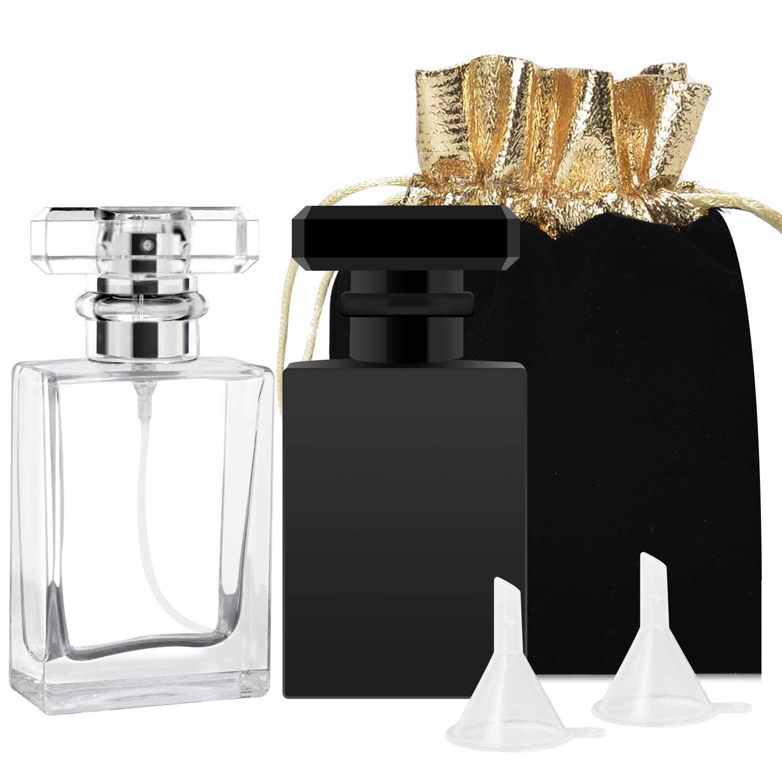 Luxsego Perfume Bottle Atomizers with Funnels, 30 ML Refillable Perfume Spray, Empty Spray Bottle Glass Cologne Atomizers for Travel, Handbag or Date, Storage Bag Included (Transparent+Black)