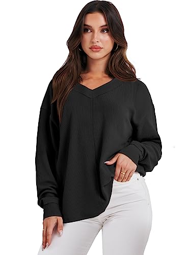 ANRABESS Women’s Casual Long Sleeve Sweatshirt V Neck Off Shoulder Shirt Loose Baggy Comfy Knit Pullover Sweaters Tunic Top 2023 Fall Clothes A1069heise-XL Black