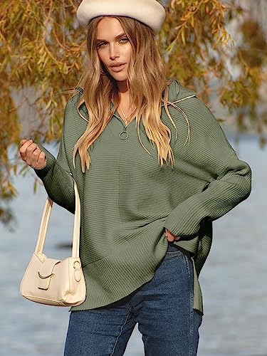 ANRABESS Womens 2023 Fall Oversized Zip Sweaters Long Sleeve V Neck Collar Casual Loose Baggy Ribbed Knit Pullover Quarter Zip Tunic Sweater with Slit B770kaqilv-L Dark Green