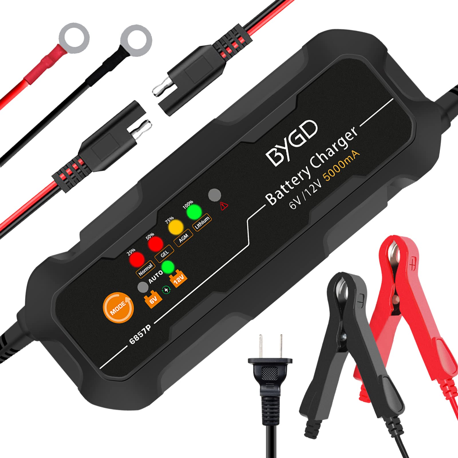 5-Amp Fully-Automatic Smart Battery Charger, 6V and 12V Portable Trickle Charger, Battery Maintainer, Lithium Battery Charger with Temperature Compensation for Car/Motorcycle/Lawn Mower/Boat