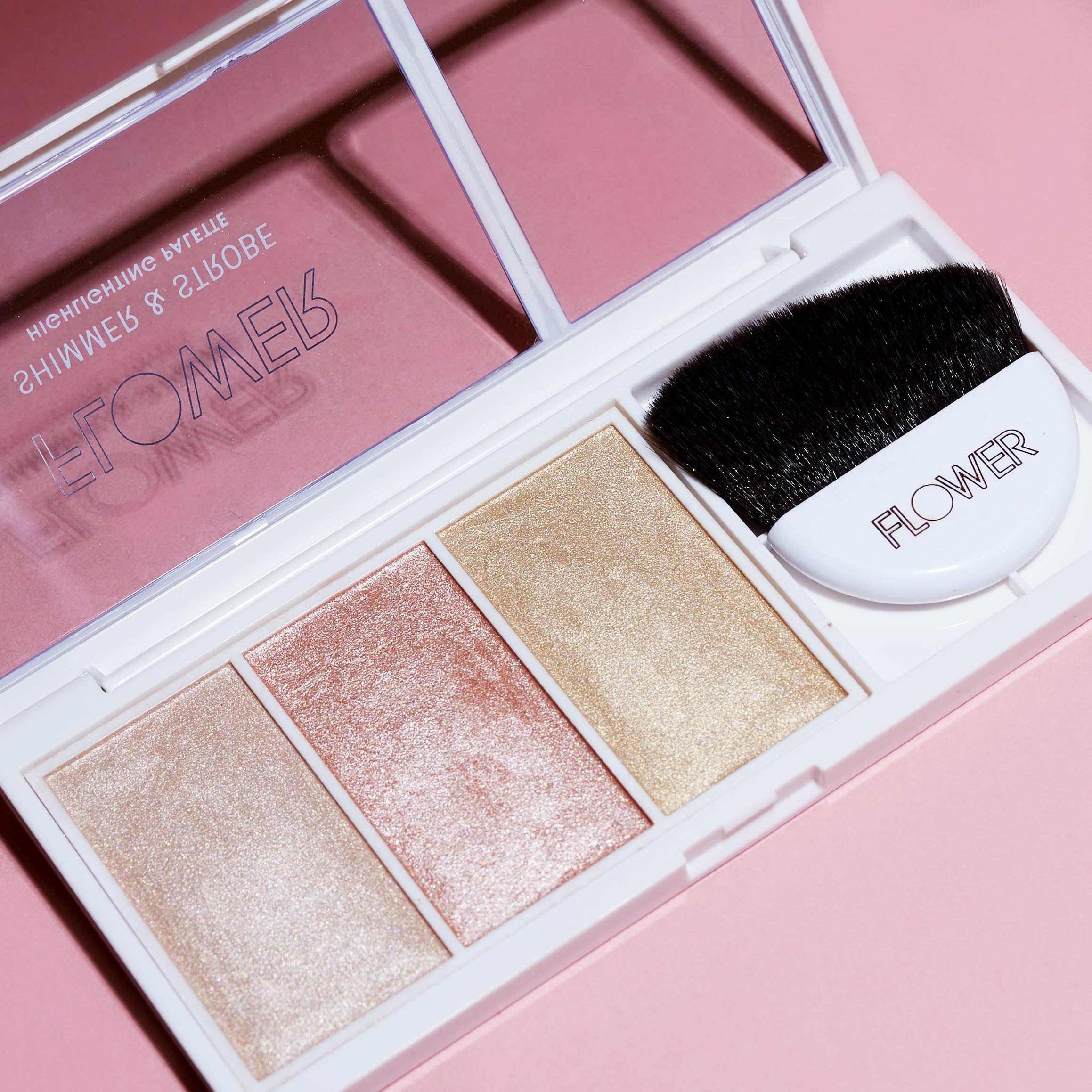 FLOWER Beauty By Drew Barrymore Shimmer + Strobe Highlighting Palette - Glowing Bronzer Powder Kit For Face + Blendable Coverage - Skintones + 3 Enhancing Colors (Strobe Brush) Included - Champagne Shimmer