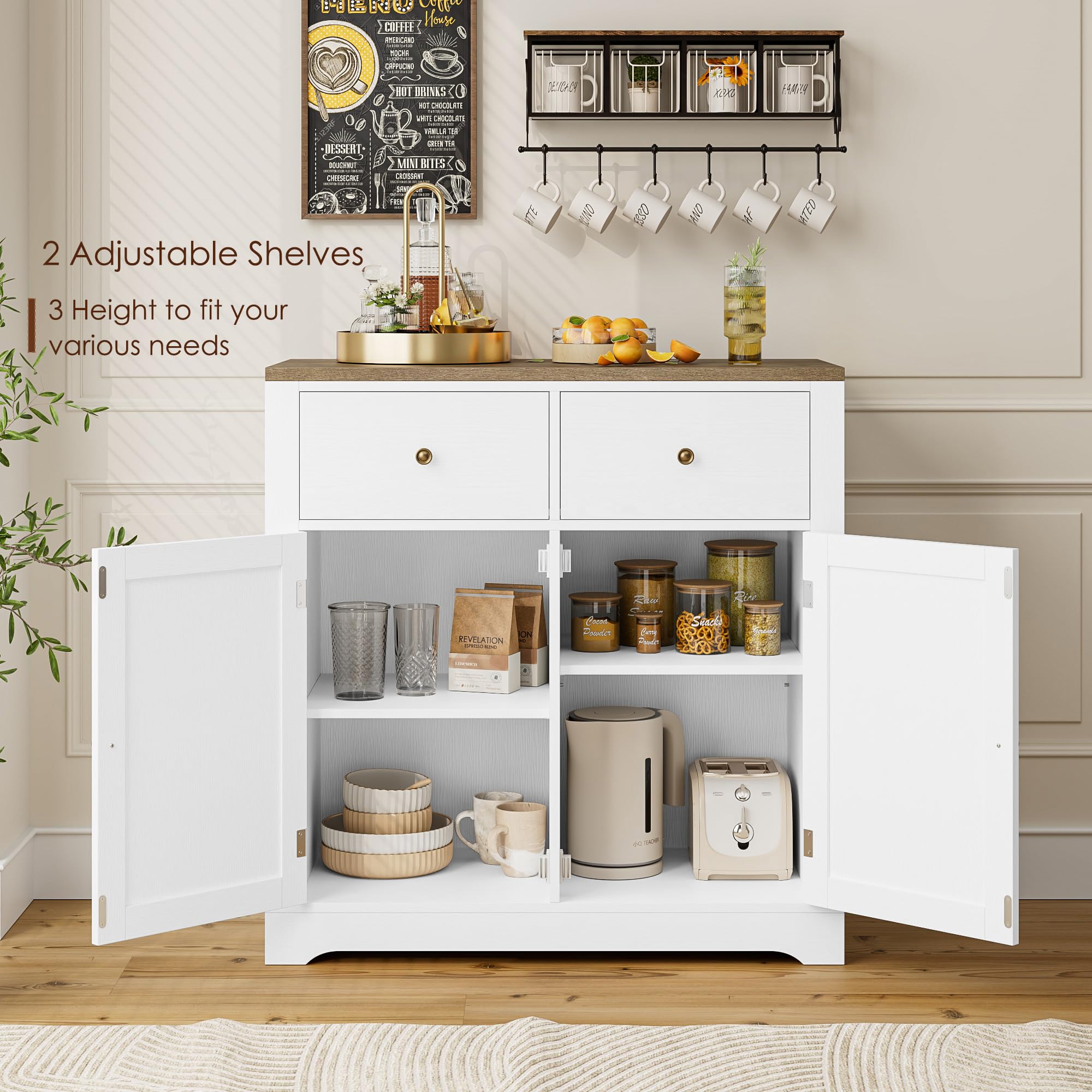 FOTOSOK Kitchen Sideboard Buffet Cabinet, 34'' H Farmhouse Kitchen Storage Cabinet with Drawers and Adjustable Shelves, Modern Coffee Bar Cabinet for Kitchen, Dining Room, Bathroom, Entryway, White