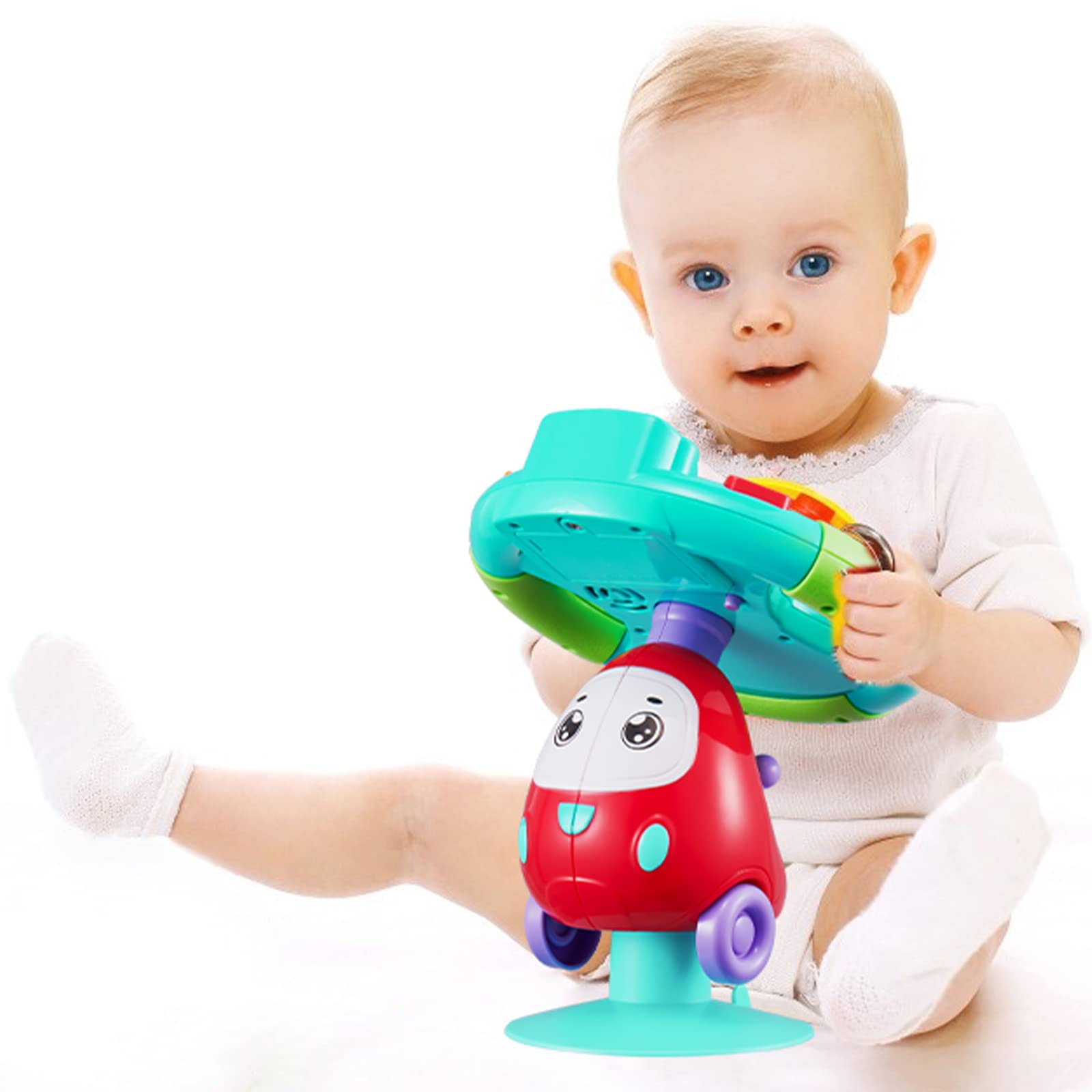 Bibibi Suction Toys for Baby Steering Wheel Toy with Music and Car Sound, Sensory Toys for 1 Year Old, 1st First Birthday Gifts Boys Suction Cup Toys 12 18 Months Girls Toddler Kid 1 3
