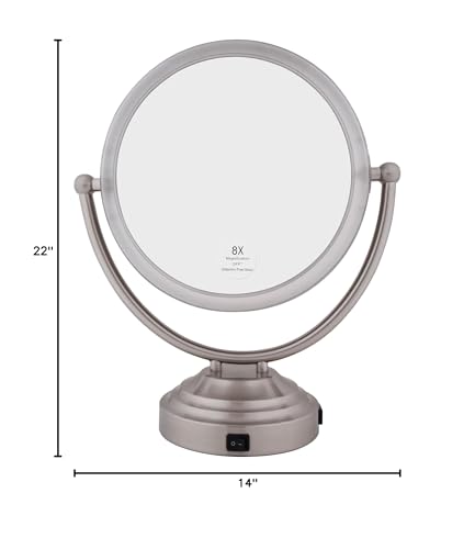 Floxite Lighted Mirror, 8X Plus 1X Magnification, Brushed Nickel, 11"