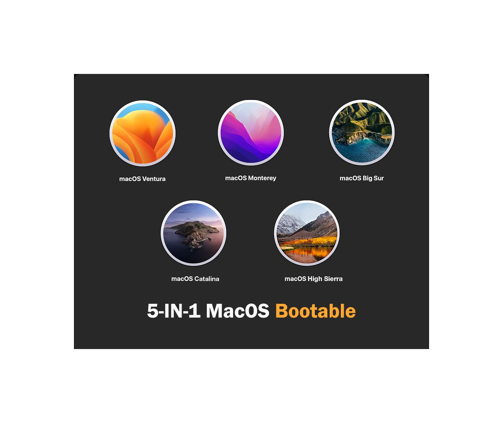 5-in-1 MacOS High Sierra | Ventura | Monterey | Big Sur | Catalina, Bootable USB Drive, Full Install/Upgrade/Restore/Recovery Mac OS X
