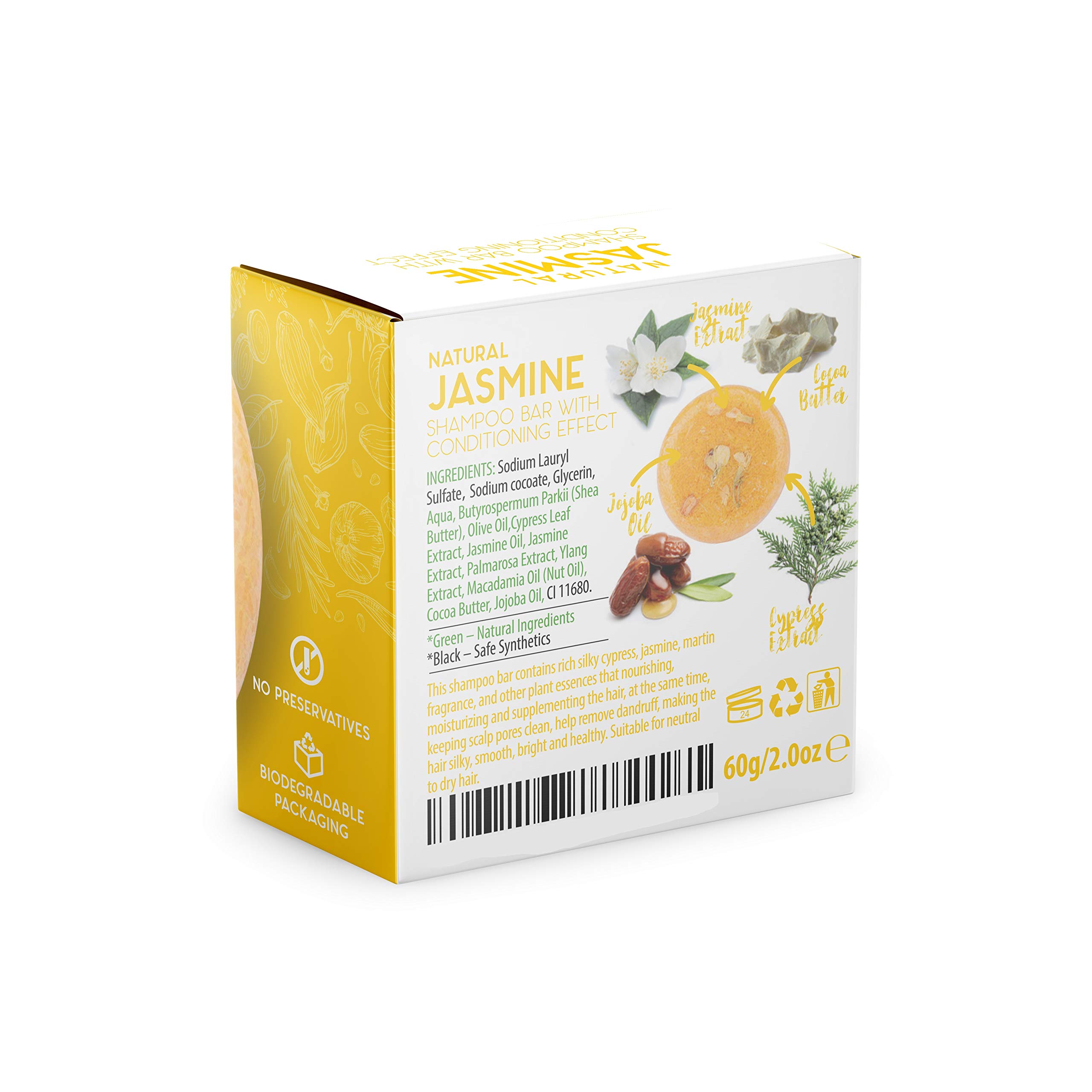 Solid Shampoo Bar And Conditioner Effect Hair Soap – 100% Organic Shampoo Bars For Hair With All Natural Plant Based Essential Oils And Zero Waste Biodegradable Packaging (Jasmine)