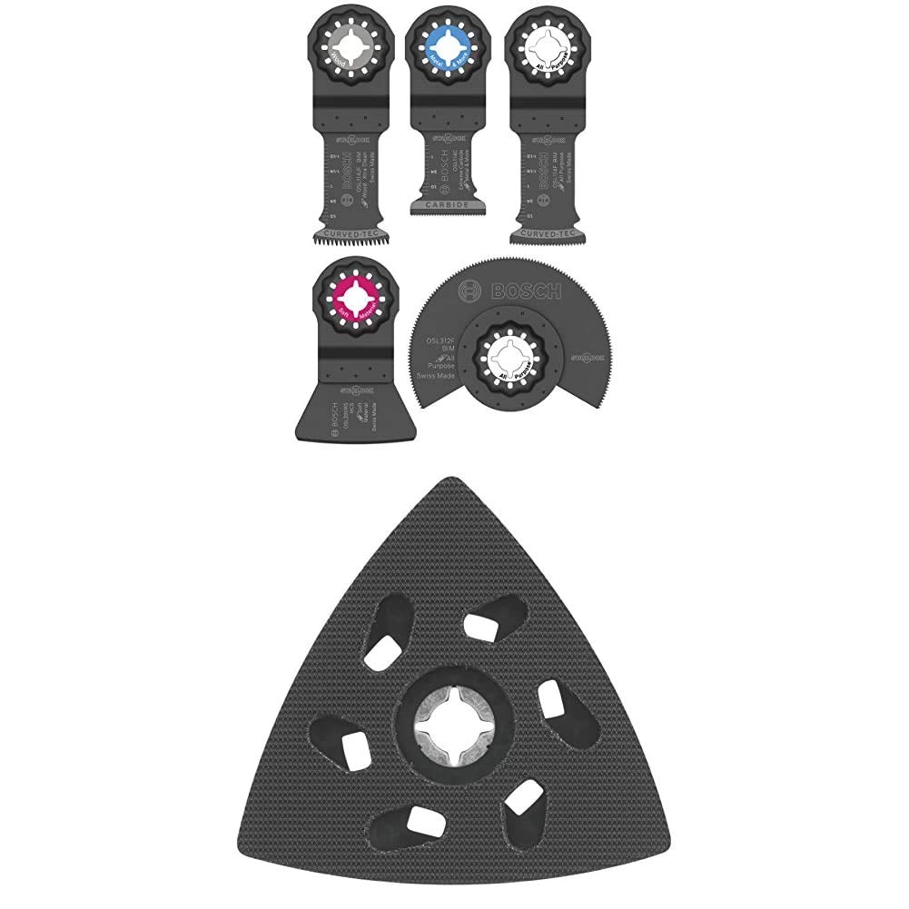 Bosch Starlock Oscillating Tool Blade Set with Case, Multitool Accessories Kit for Wood, All Purpose/Multi-Material, Drywall, Metal; and Sanding Pad for Oscillating Tool, Bundle (6-Pieces)