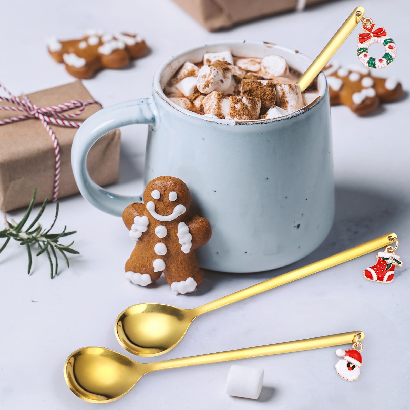 A · HOUSEWARE Coffee Spoons Gold Silverware Christmas 6 Pieces Small Stainless Steel Flatware Xmas Decorative Pendants Cute Drinking Stirrers for Festive and Daily Kitchen Utensils