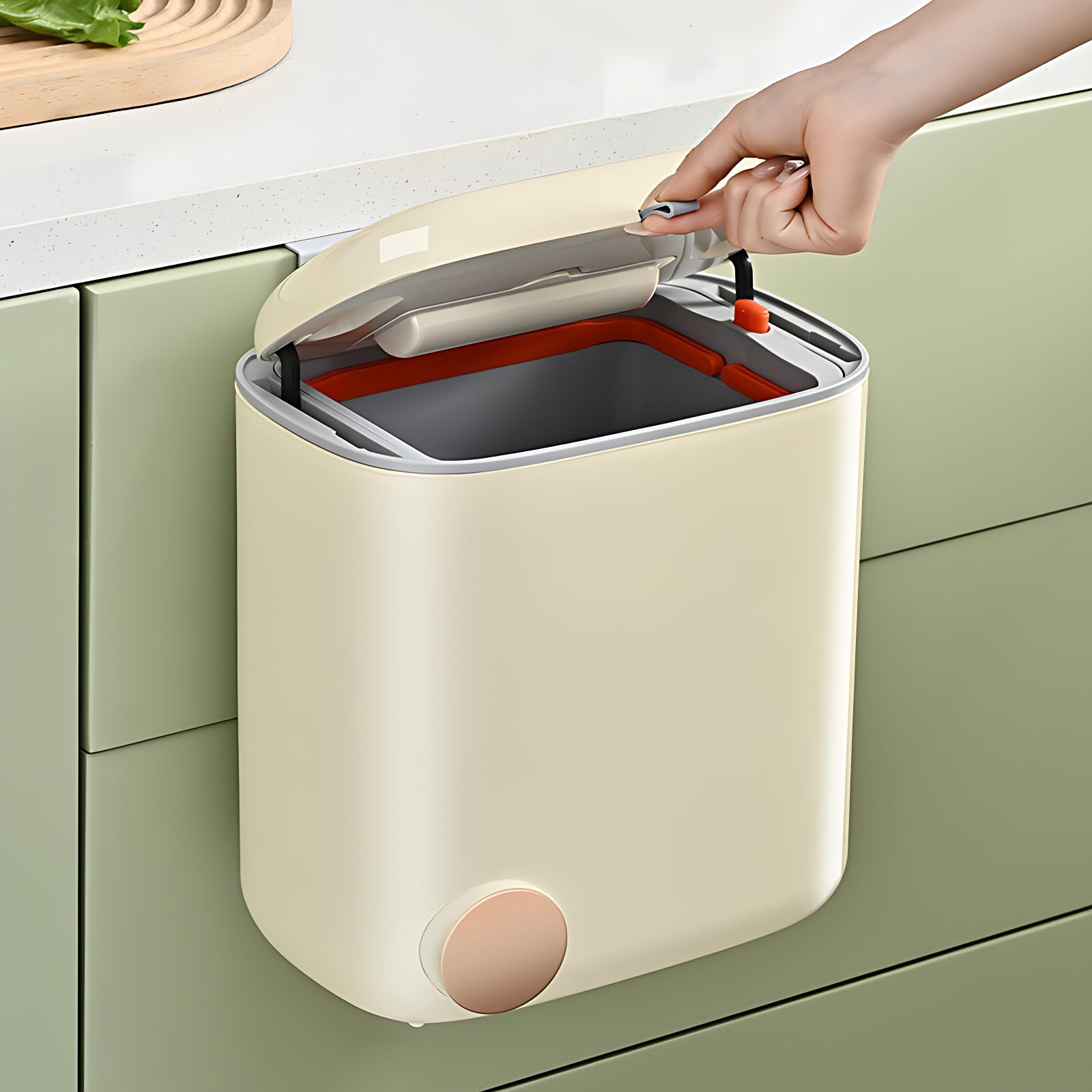 AIWE7D 9L/2.4 Gallon Hanging Trash Can for Kitchen Cabinet Door with Slide Lid Portable Hang Trash Bin Garbage Can for Bathroom with Sticky Hook ABS