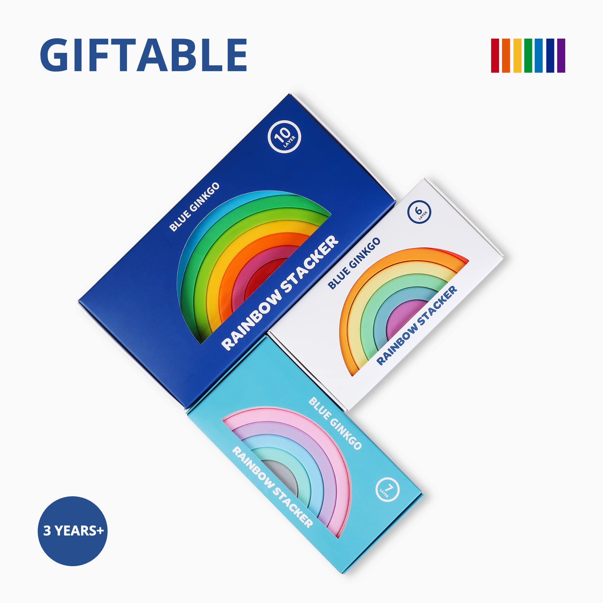 BLUE GINKGO Silicone Rainbow Stacker - Montessori Rainbow Nesting Puzzle | Kids and Toddler Stacking Toy | Stacking Rainbow Puzzle, Sensory Rainbow Toys - 6 Layers (Matte