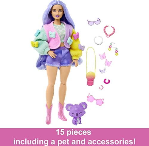Barbie Extra Doll & Accessories with Wavy Lavender Hair in Colorful Butterfly Sweater & Pink Boots with Pet Koala