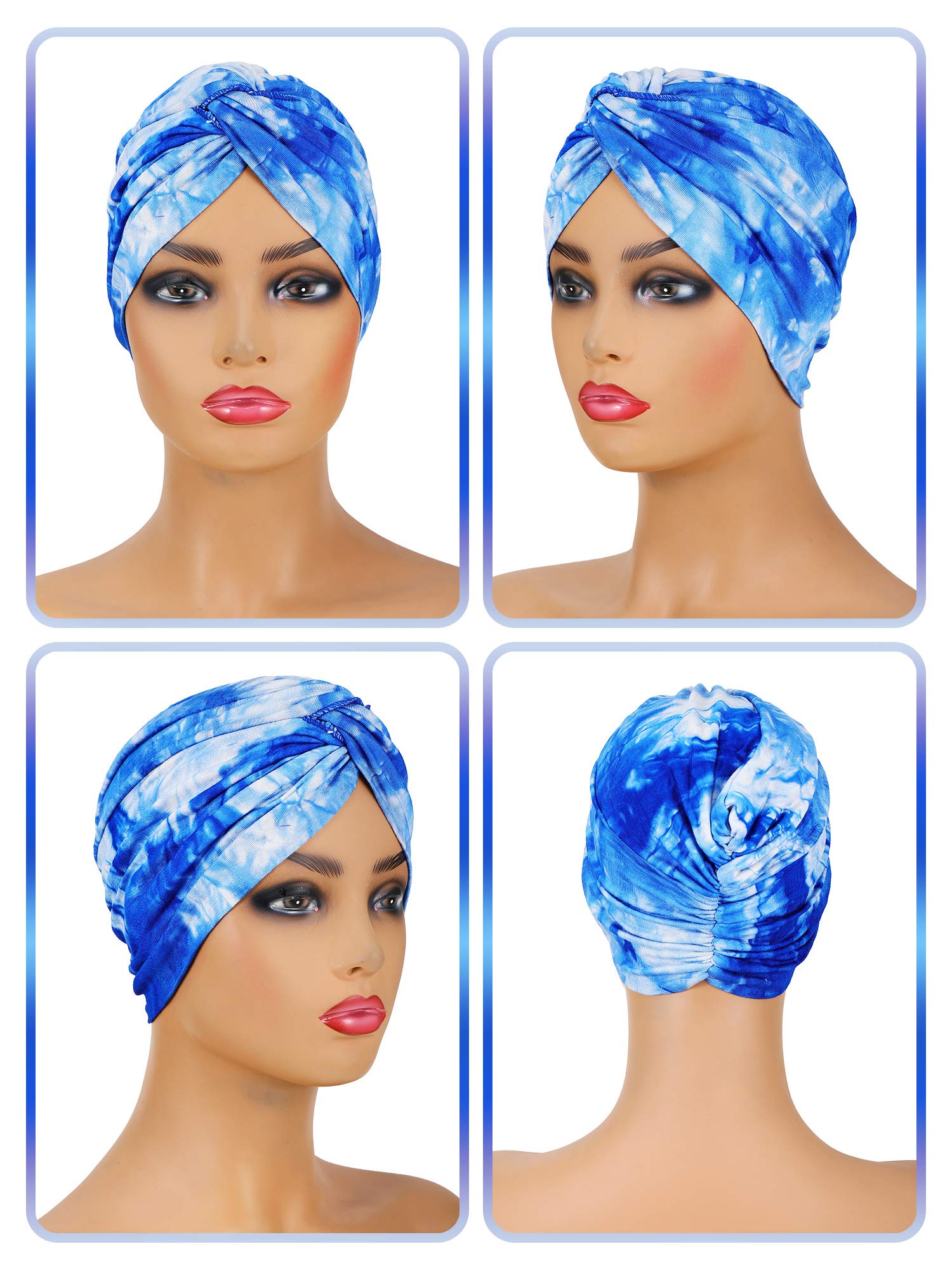 4 Pieces Turbans Cap Knot Pre-Tied Head Wraps Tie-Dye Stretch Turban Beanie Hats