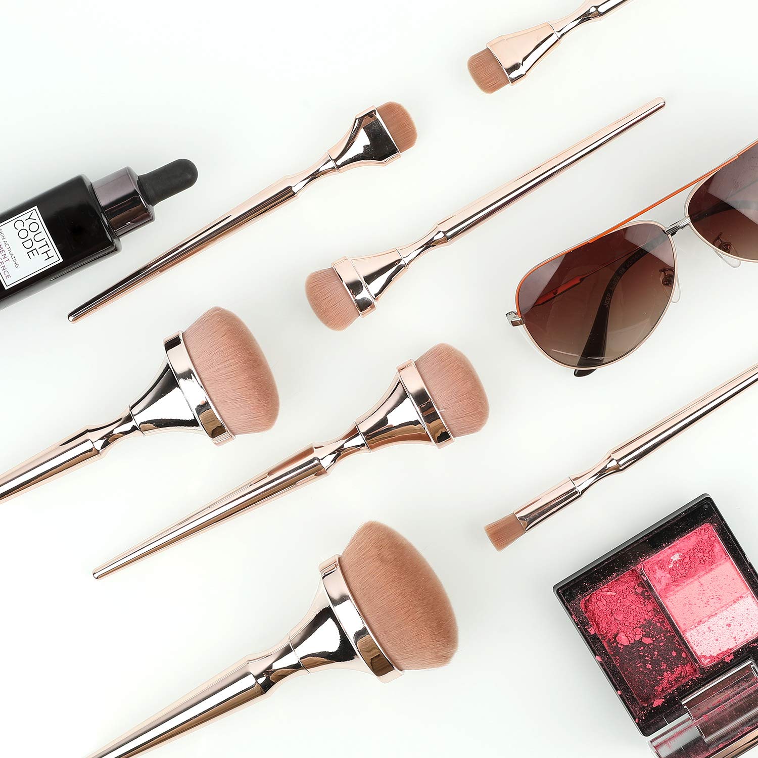 Logiverl 9 Pieces Makeup Brushes Powder Blush Foundation Concealer Eyeshadow Eyebrow Lip Flat Detail Brush for Blending Buffing Foundation Cream Make Up Brushes Tools Kit (Rose Golden)