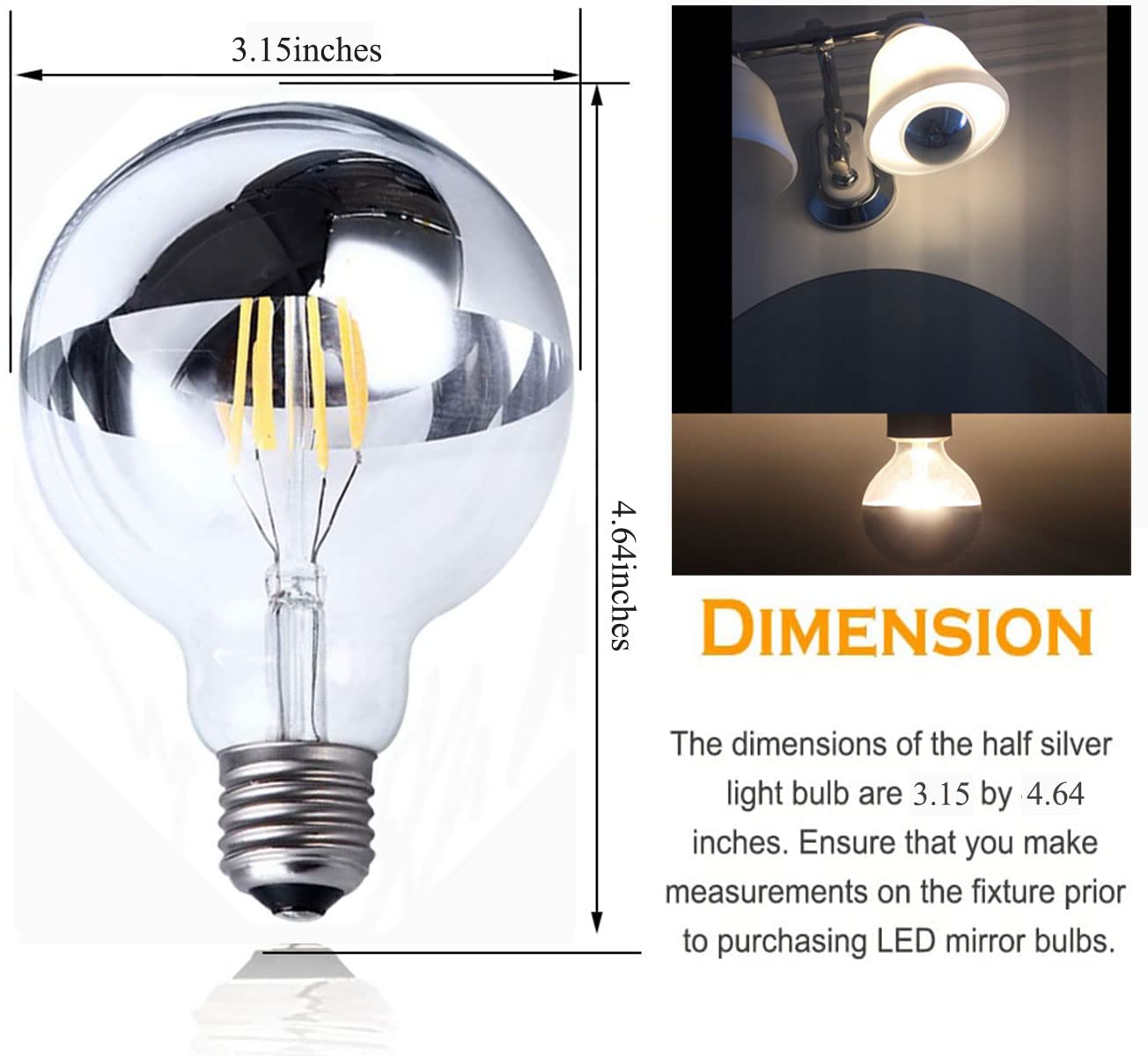 4-Pack 4 Watt Half Chrome Light Bulbs Dimmable G25(G80), E26 Natural White 4000K 40W Equivalent 360lm Edison LED and Christmas Decorative Bulbs with Silver Mirror for Indoor Living Room, AC 120V