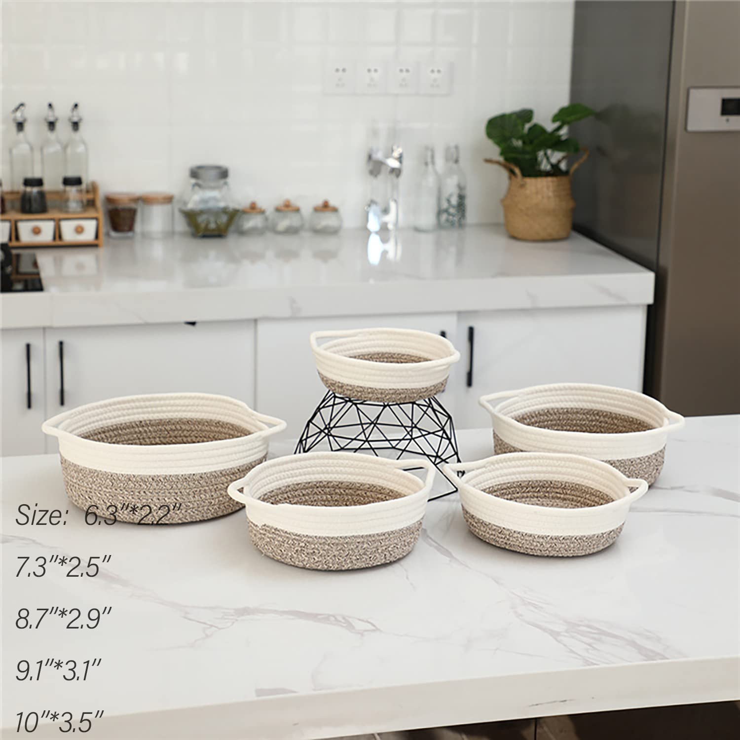 5-Piece Round Storage Basket Set- 100%Natural Cotton Rope Woven Baskets for Organizing Small Basket for Jewelry, Makeup, Dog Toy Baskets, Cat Toy Box, Bathroom Organization Bin (White & Grey)